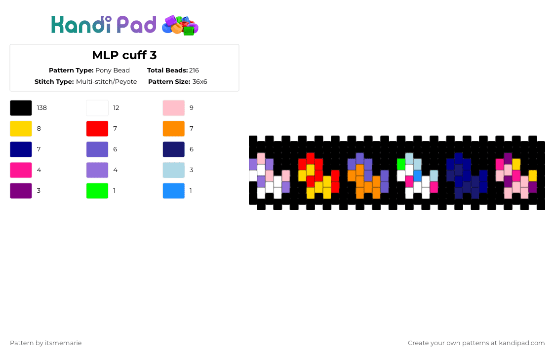 MLP cuff 3 Pony Bead Pattern - Kandi Pad | Kandi Patterns, Fuse Bead ...