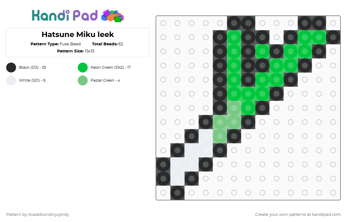 Hatsune Miku leek Fuse Bead Pattern - Kandi Pad | Kandi Patterns, Fuse ...