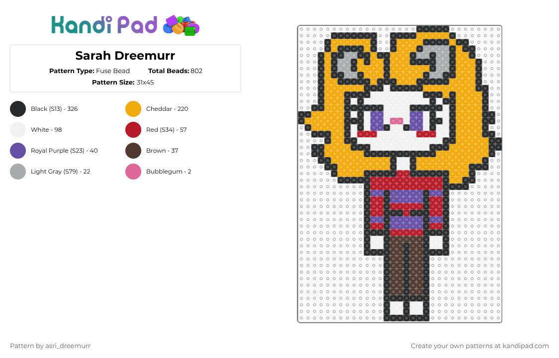 Sarah Dreemurr Fuse Bead Pattern - Kandi Pad | Kandi Patterns, Fuse ...