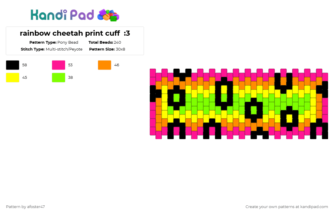 Rainbow cheetah print cuff :3 Pony Bead Pattern - Kandi Pad | Kandi ...