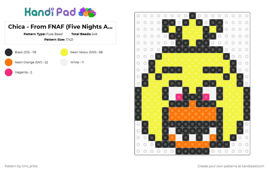 Chica - From FNAF (Five Nights At Freddy's) Fuse Bead Pattern - Kandi ...