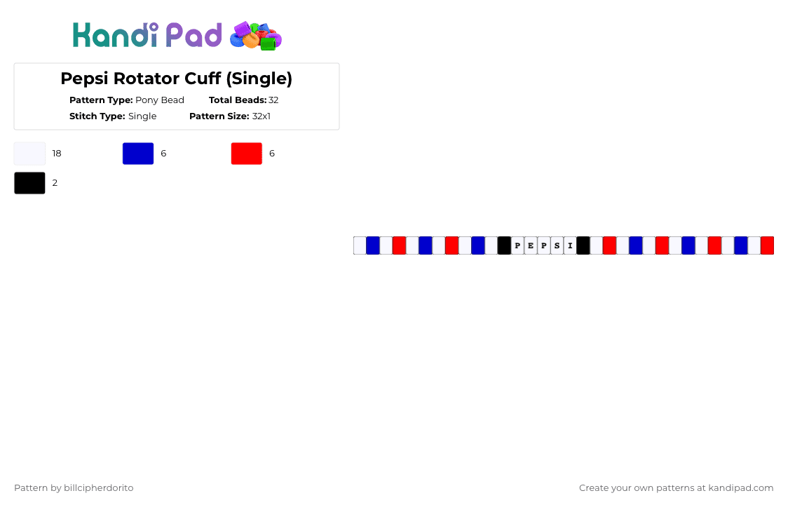 Pepsi Rotator Cuff (Single) Pony Bead Pattern - Kandi Pad | Kandi ...