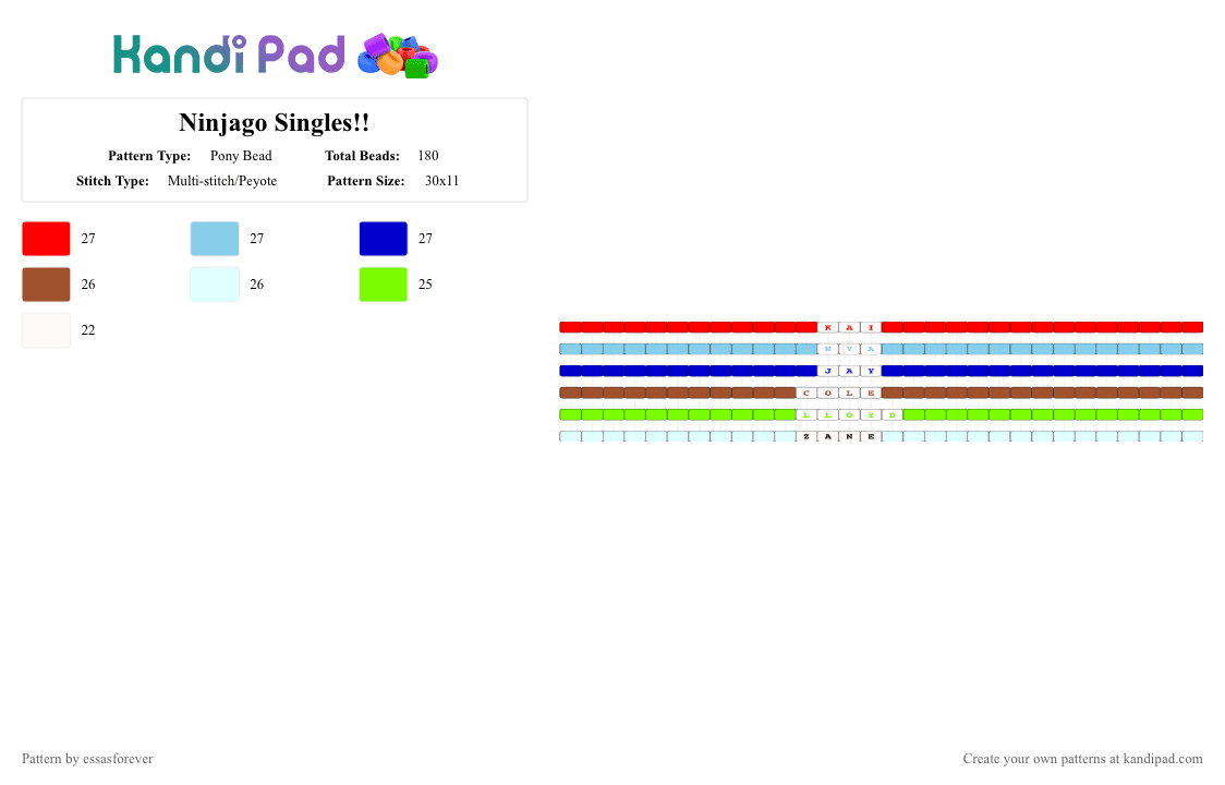Ninjago Singles!! Pony Bead Pattern - Kandi Pad | Kandi Patterns, Fuse ...
