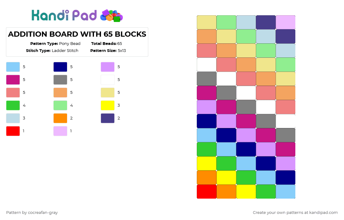 ADDITION BOARD WITH 65 BLOCKS Pony Bead Pattern - Kandi Pad | Kandi ...