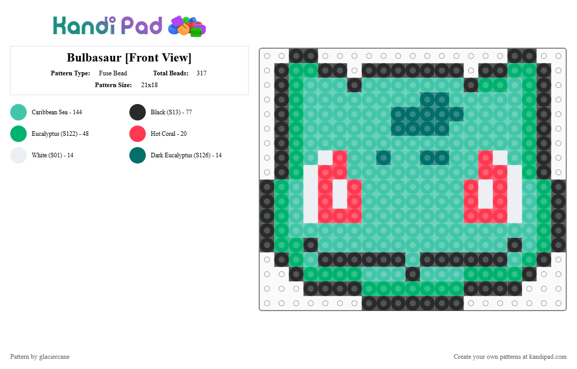 Bulbasaur [Front View] Fuse Bead Pattern - Kandi Pad | Kandi Patterns ...