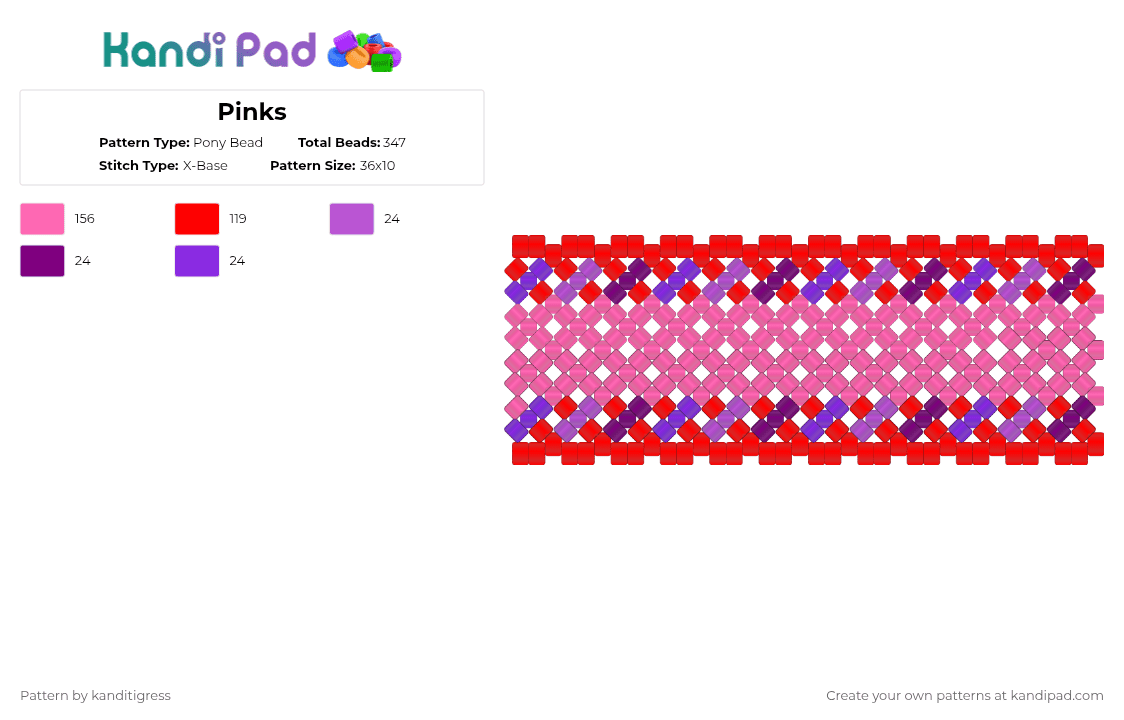 Pinks Pony Bead Pattern - Kandi Pad | Kandi Patterns, Fuse Bead ...