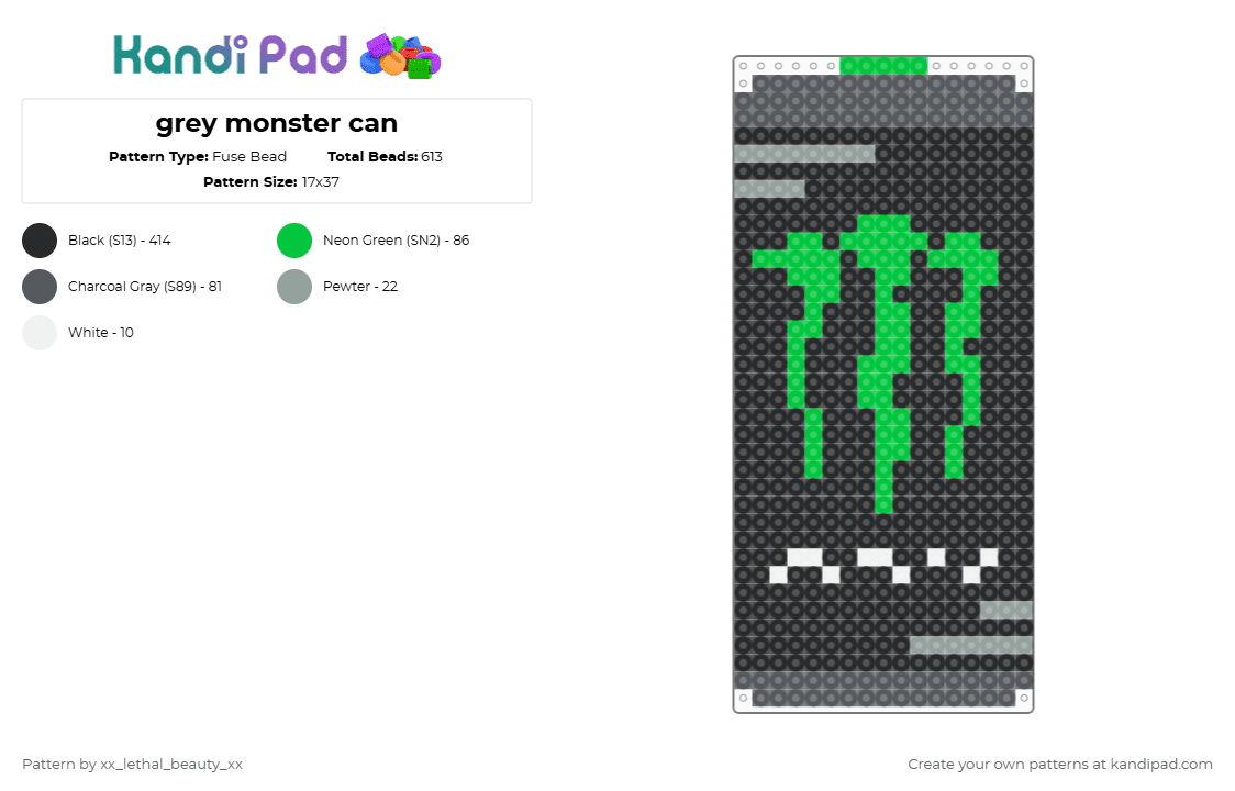 Grey monster can Fuse Bead Pattern - Kandi Pad | Kandi Patterns, Fuse ...
