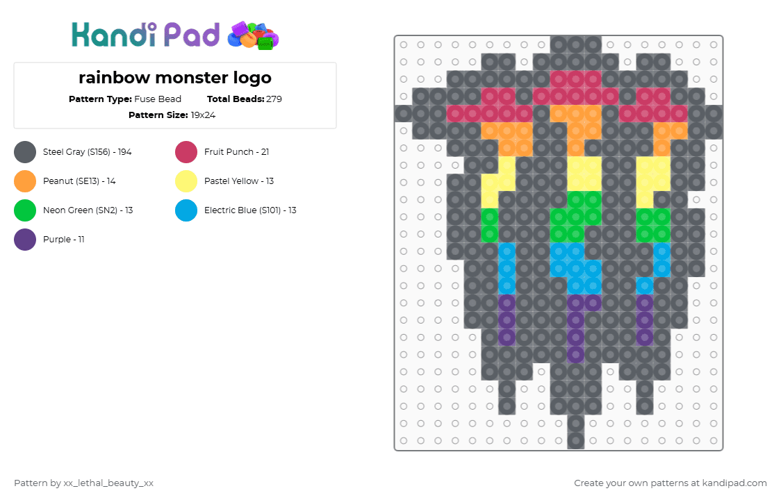 Rainbow monster logo Fuse Bead Pattern - Kandi Pad | Kandi Patterns ...