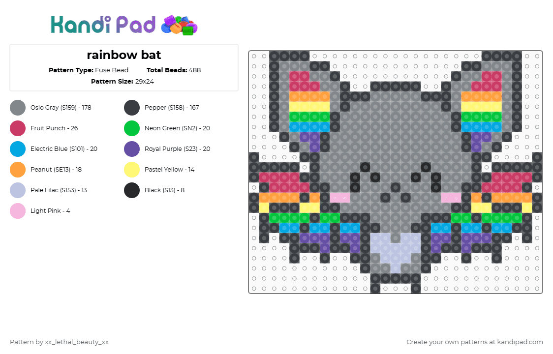 Rainbow bat Fuse Bead Pattern - Kandi Pad | Kandi Patterns, Fuse Bead ...