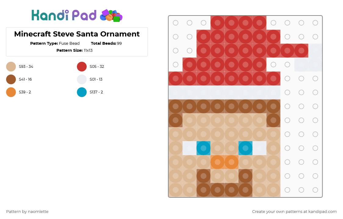 Minecraft Steve Santa Ornament Fuse Bead Pattern - Kandi Pad | Kandi ...