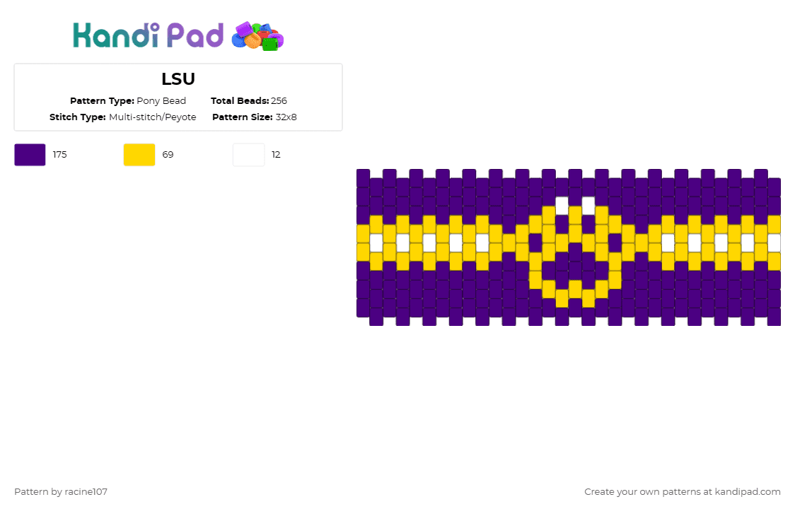 LSU Pony Bead Pattern - Kandi Pad | Kandi Patterns, Fuse Bead Patterns ...