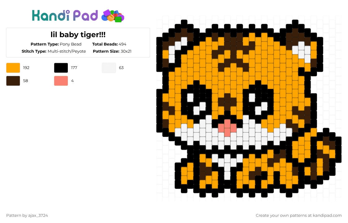 Lil baby tiger!!! Pony Bead Pattern - Kandi Pad | Kandi Patterns, Fuse ...