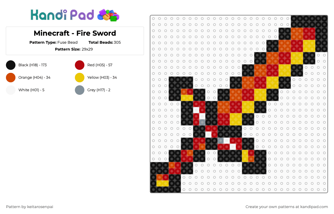 Minecraft - Fire Sword Fuse Bead Pattern - Kandi Pad | Kandi Patterns ...