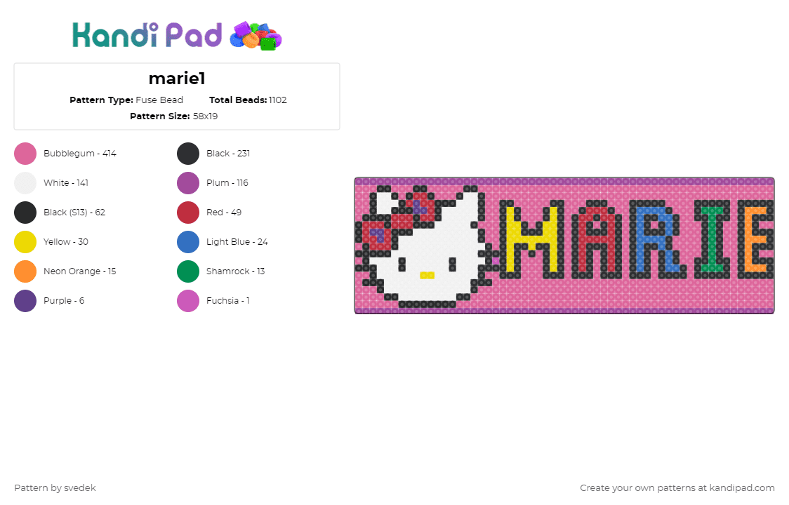 Marie1 Fuse Bead Pattern - Kandi Pad | Kandi Patterns, Fuse Bead ...