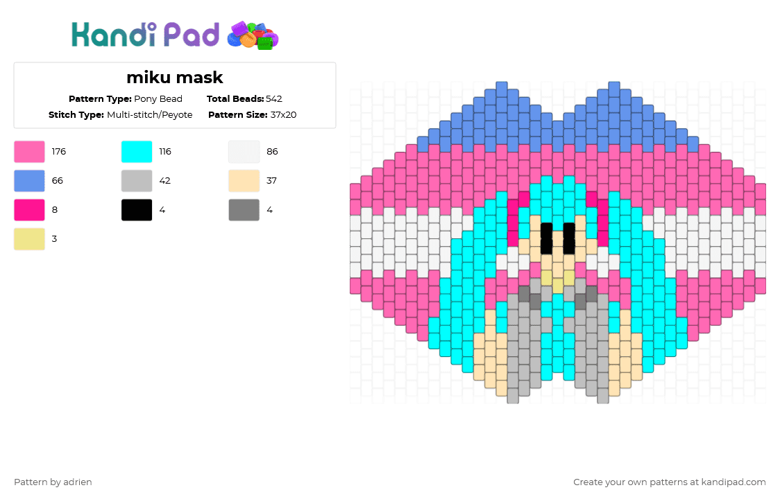 Miku mask Pony Bead Pattern - Kandi Pad | Kandi Patterns, Fuse Bead ...
