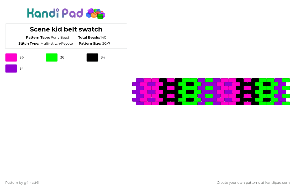 Scene kid belt swatch Pony Bead Pattern - Kandi Pad | Kandi Patterns ...