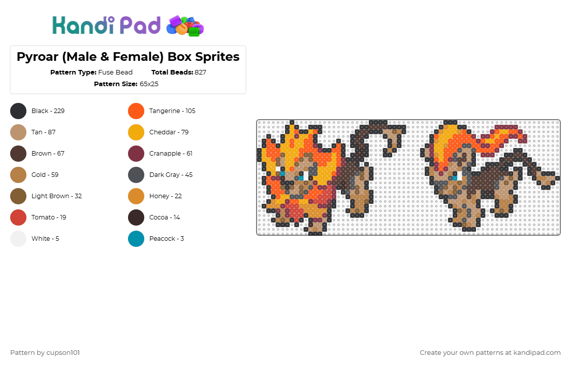 Pyroar (Male & Female) Box Sprites Fuse Bead Pattern - Kandi Pad ...