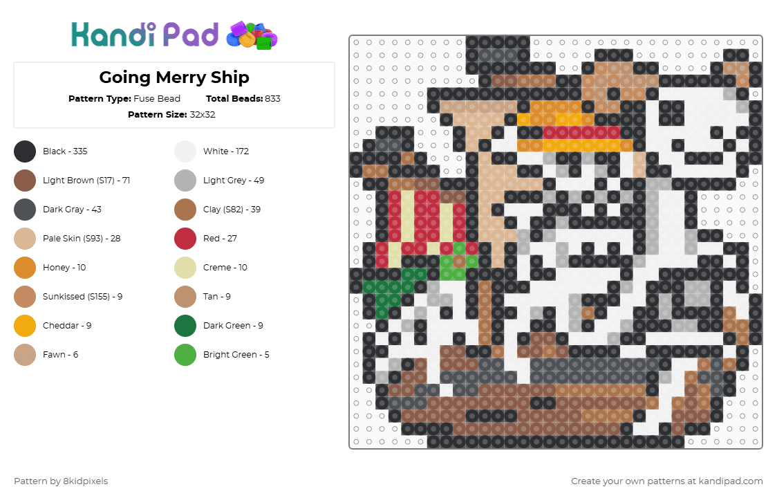Going Merry Ship Fuse Bead Pattern - Kandi Pad | Kandi Patterns, Fuse ...