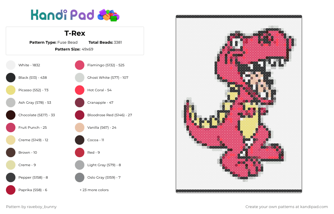 T-Rex Fuse Bead Pattern - Kandi Pad | Kandi Patterns, Fuse Bead ...