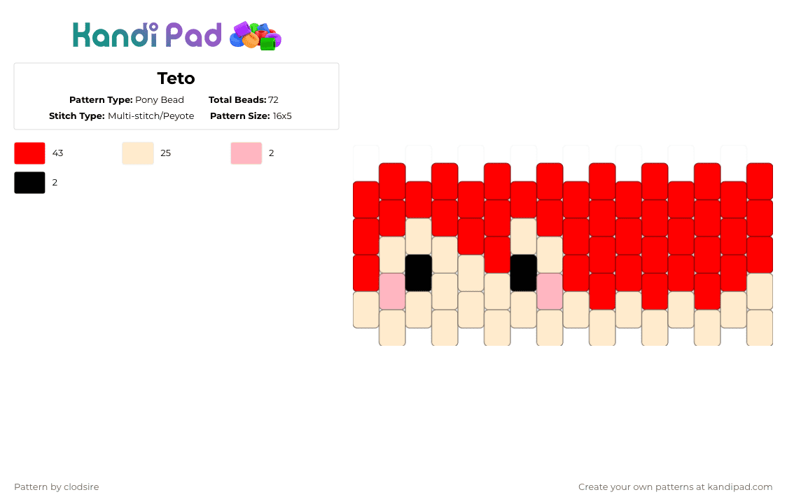 Teto Pony Bead Pattern - Kandi Pad | Kandi Patterns, Fuse Bead Patterns ...