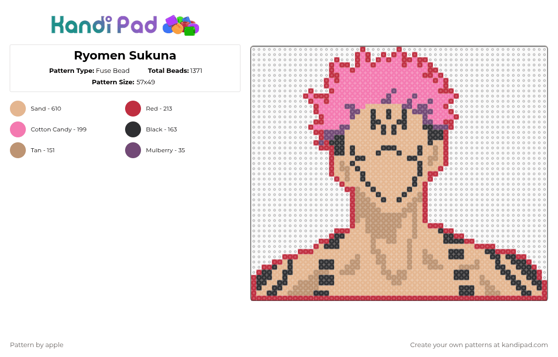 Ryomen Sukuna Fuse Bead Pattern - Kandi Pad | Kandi Patterns, Fuse Bead ...