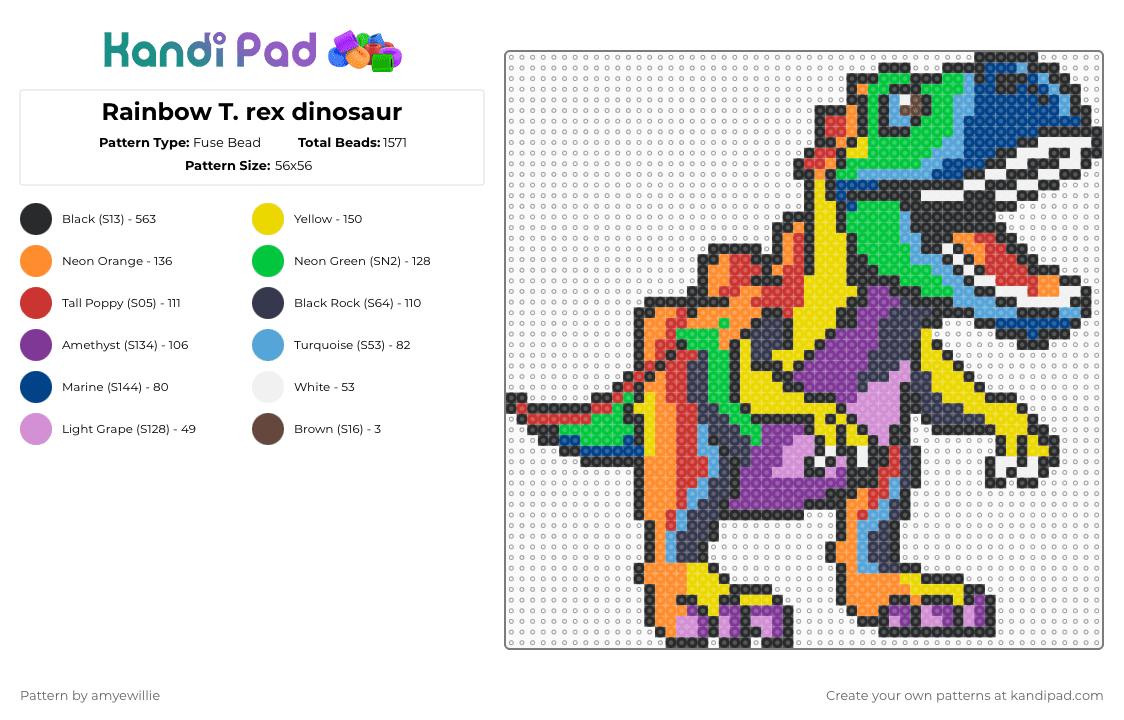 Rainbow T. rex dinosaur Fuse Bead Pattern - Kandi Pad | Kandi Patterns ...