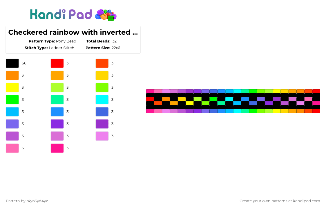Checkered rainbow with inverted rainbow on the edges cuff Pony Bead Pattern - Kandi Pad | Kandi ...
